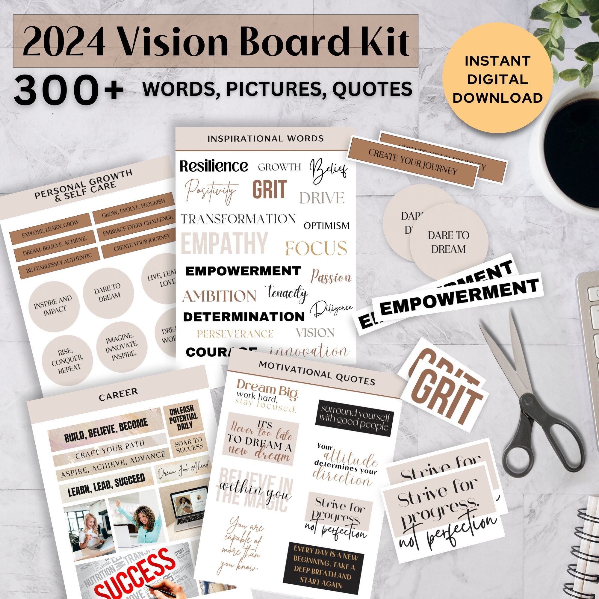 2024 Printable Vision Board Kit Manifesting Abundance Positive Mindset Mood Board Positive ...
