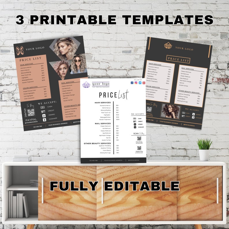 Customizable Small Business Salon Price List and Scan to Pay Bundle – 3 ...