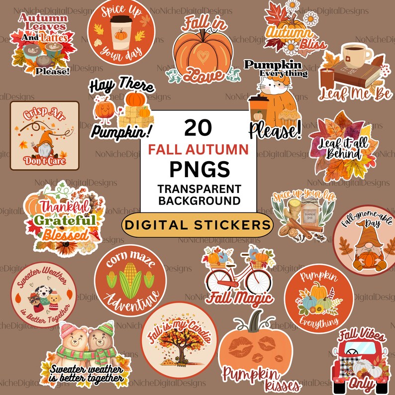 20 Cute Fall PNG Digital Sticker Bundle Autumn PNG Fall Designs ...