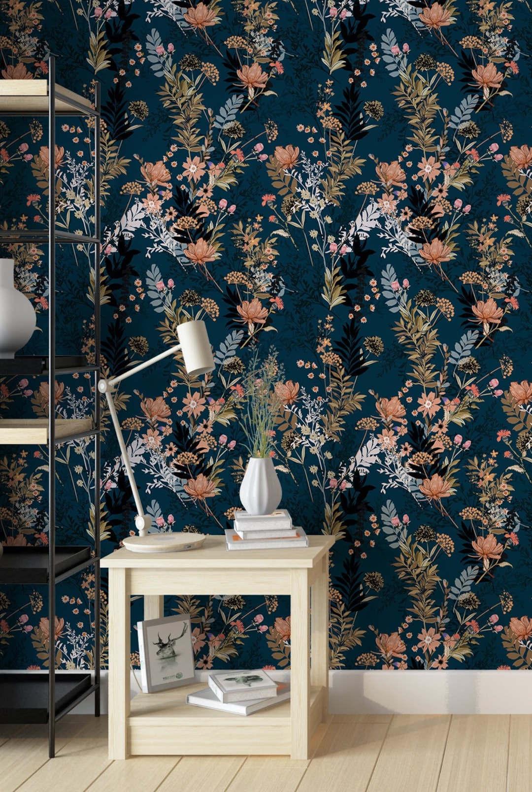Navy Blue Floral Peel and Stick Wallpaper, Blue Tropical Peel and Stick ...