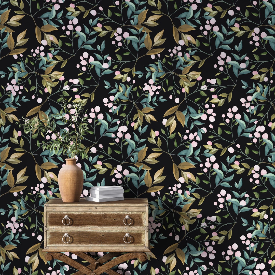 Dark Botanical Wallpaper | Flower Buds and Leaves Green Tropical Peel ...