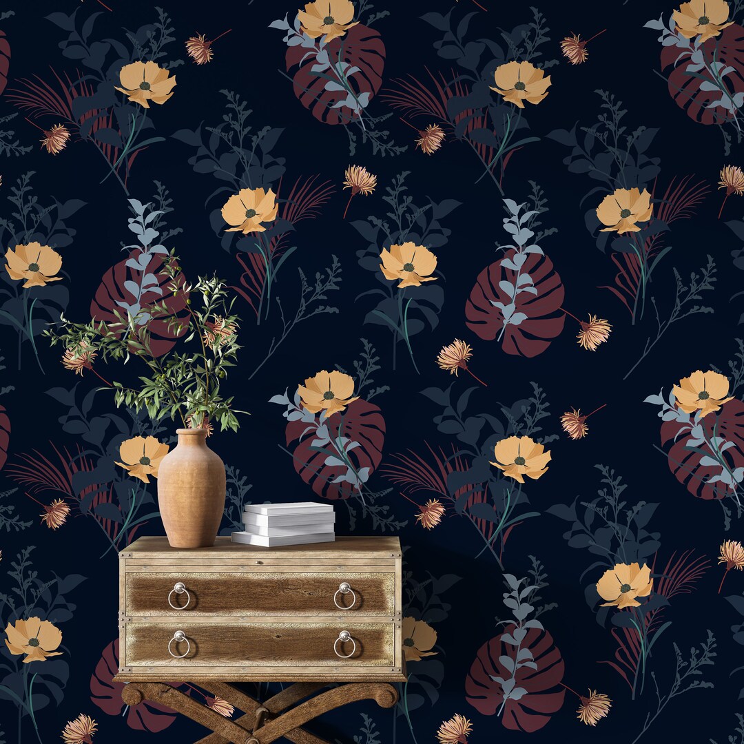 Marigolds and Monstera Leaves Blue Tropical Peel and Stick Wallpaper ...