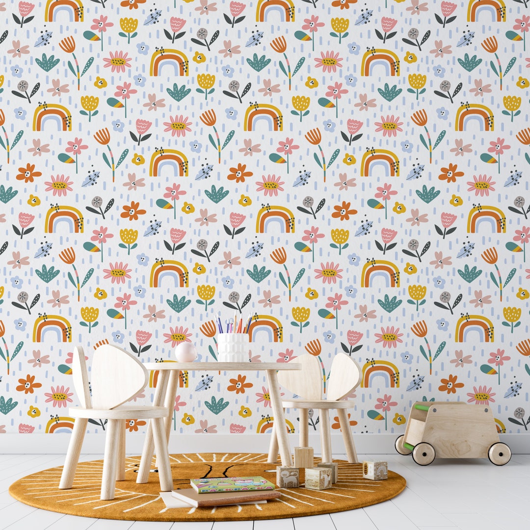Kids Colorful Floral Wallpaper | Flowers and Rainbows Wall Mural | Kids ...
