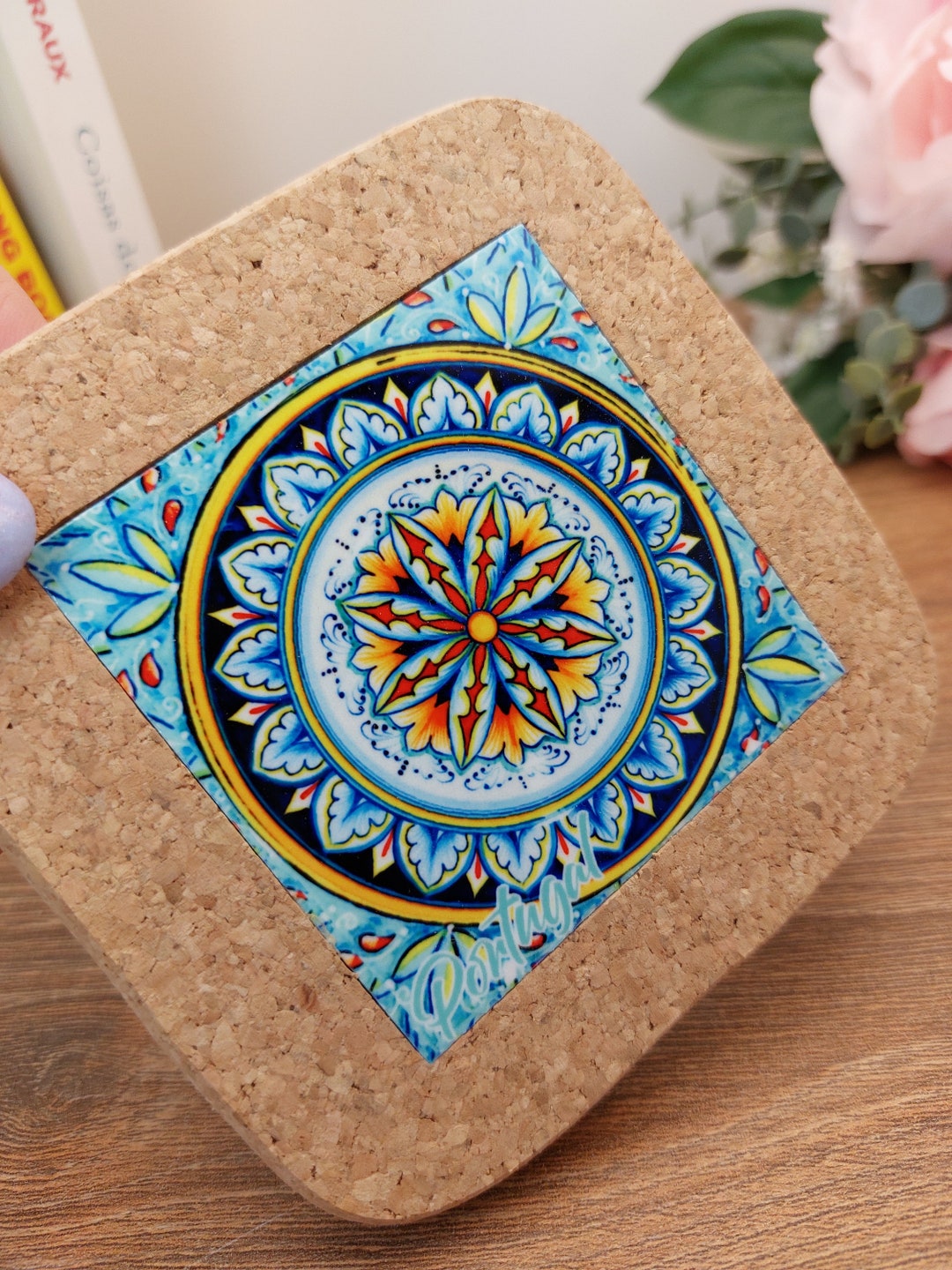 Hot Pot Stand 4.2"×4.2" ,cork Stand With Ceramic , Blue Ceramic Stand ...