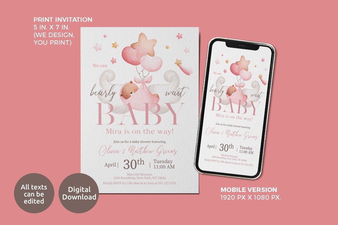 Editable Teddy Bear Invite Baby Shower Invitation Girl Pink Teddy Bear ...