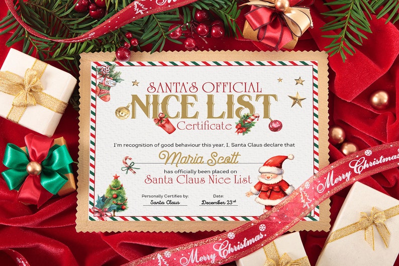 Editable Santa Claus Official Nice List Certificate Letter From Desk ...