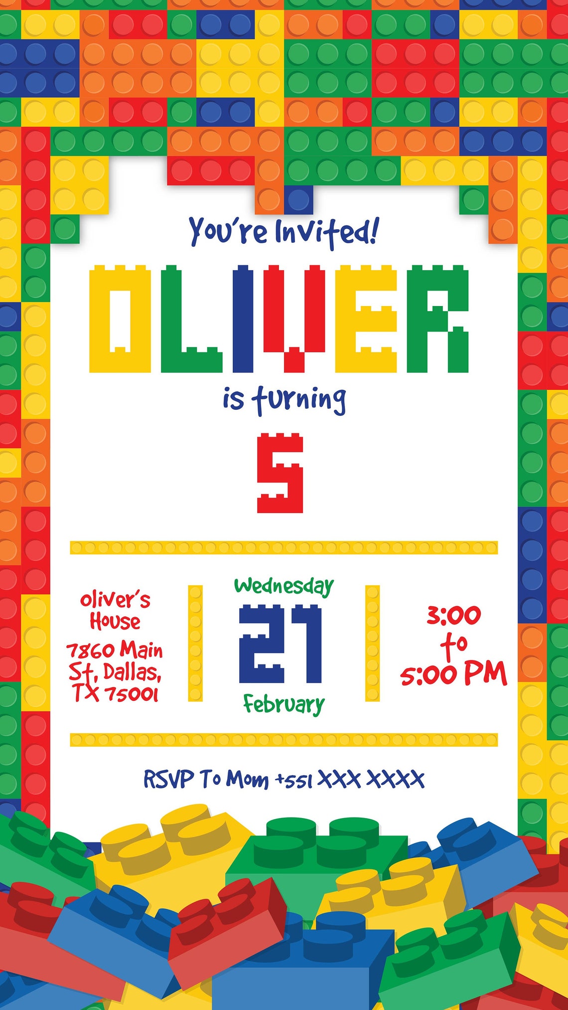 Building Block Birthday Invite Building Brick Birthday Invitation ...