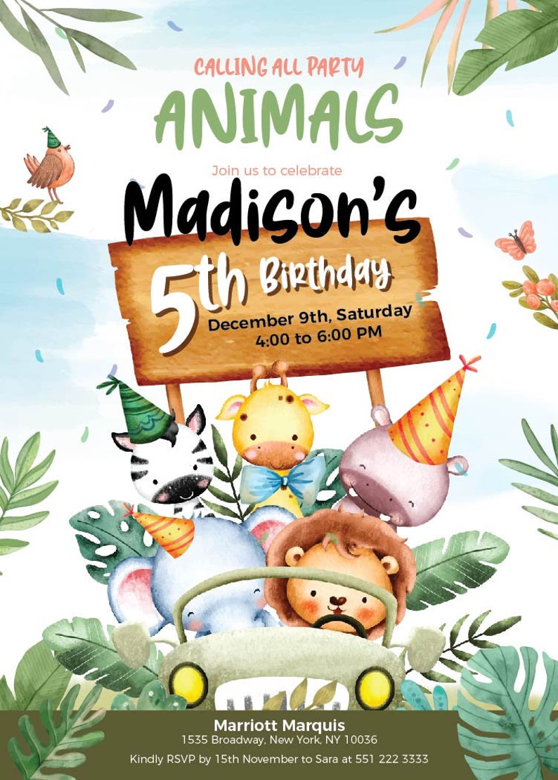 Jungle Theme Birthday Invite 5th Birthday Party Invite Animal Birthday ...