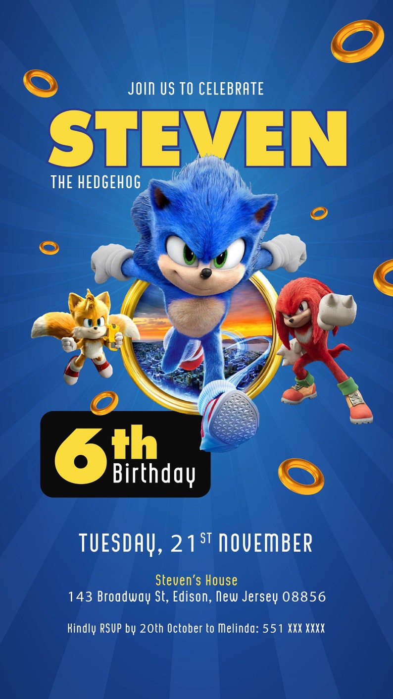 Editable Birthday Sonic Invite Super Hedgehog Kids Party Evite Hedgehog ...