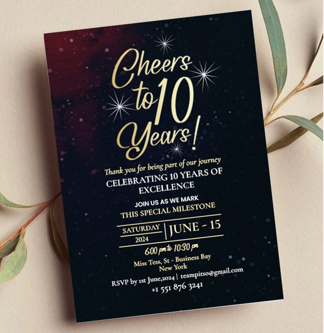 Cheers to Ten Years | 10th Anniversary Invitation | Company Anniversary ...