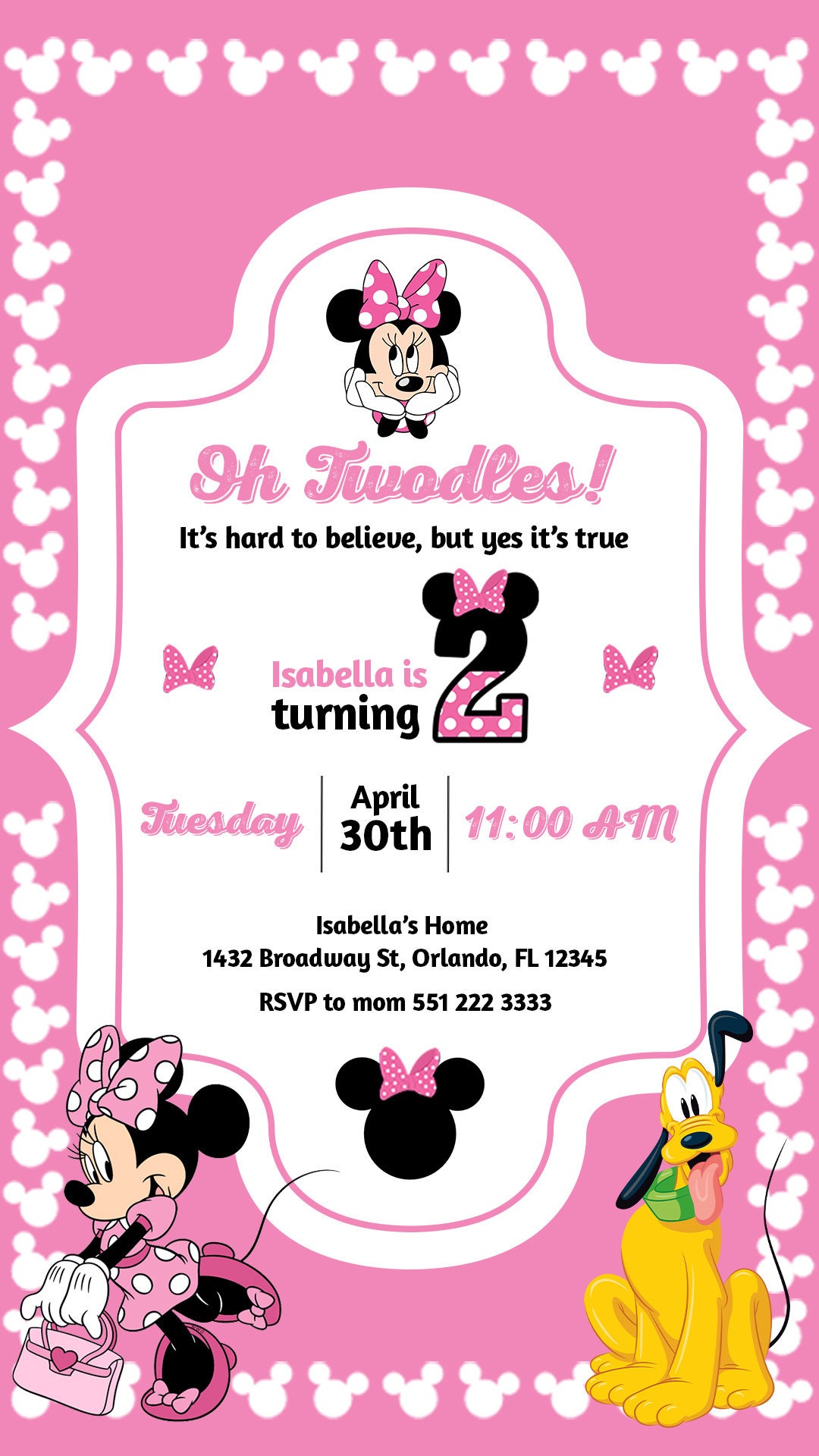Minnie Mouse Invite Pink Minnie Mouse Birthday Invite Editable Minnie ...