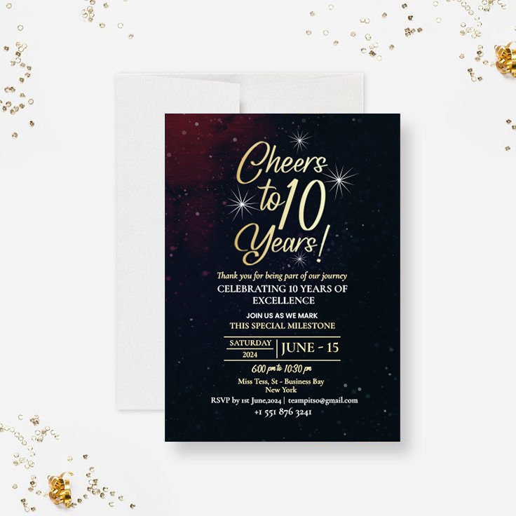 Cheers to Ten Years | 10th Anniversary Invitation | Company Anniversary ...