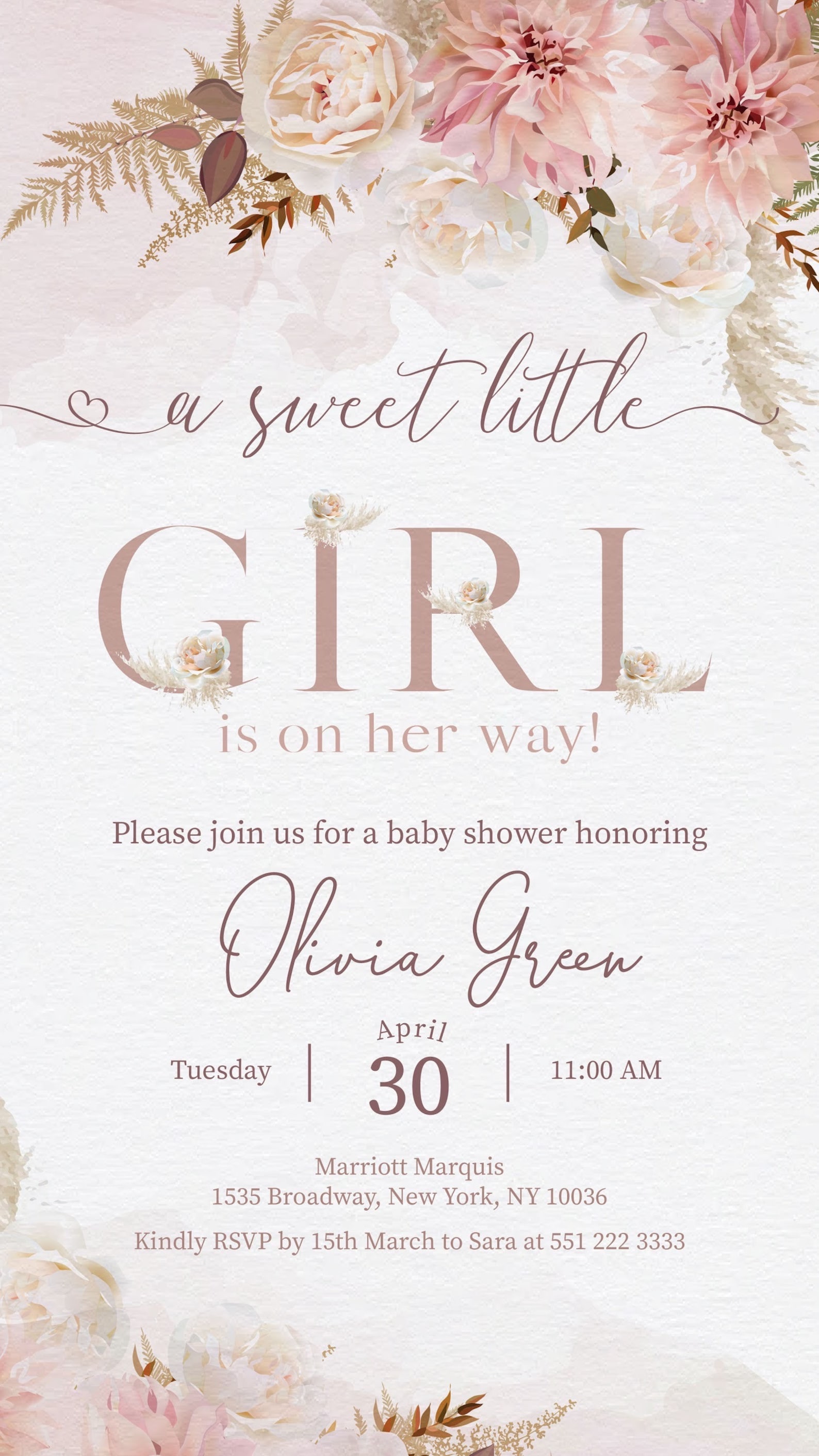 Editable Digital Girl Pink Floral Boho Girl Baby Shower Invitation Girl ...