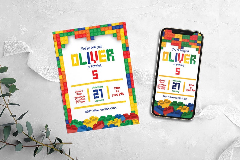 Digital Building Brick Birthday Invite Template Building Block Theme ...