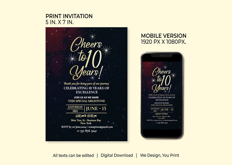 Cheers to Ten Years | 10th Anniversary Invitation | Company Anniversary ...