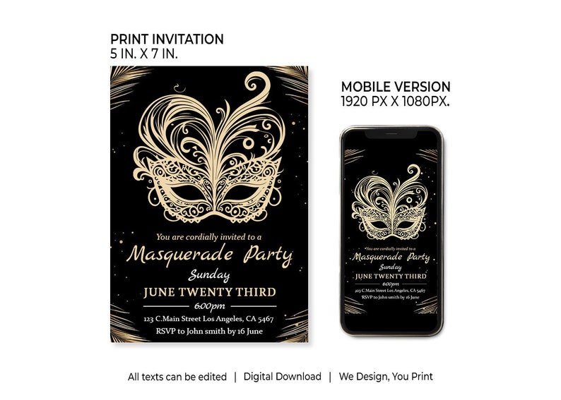Masquerade Party Invitation | Luxury Birthday Invite | Masquerade Ball ...