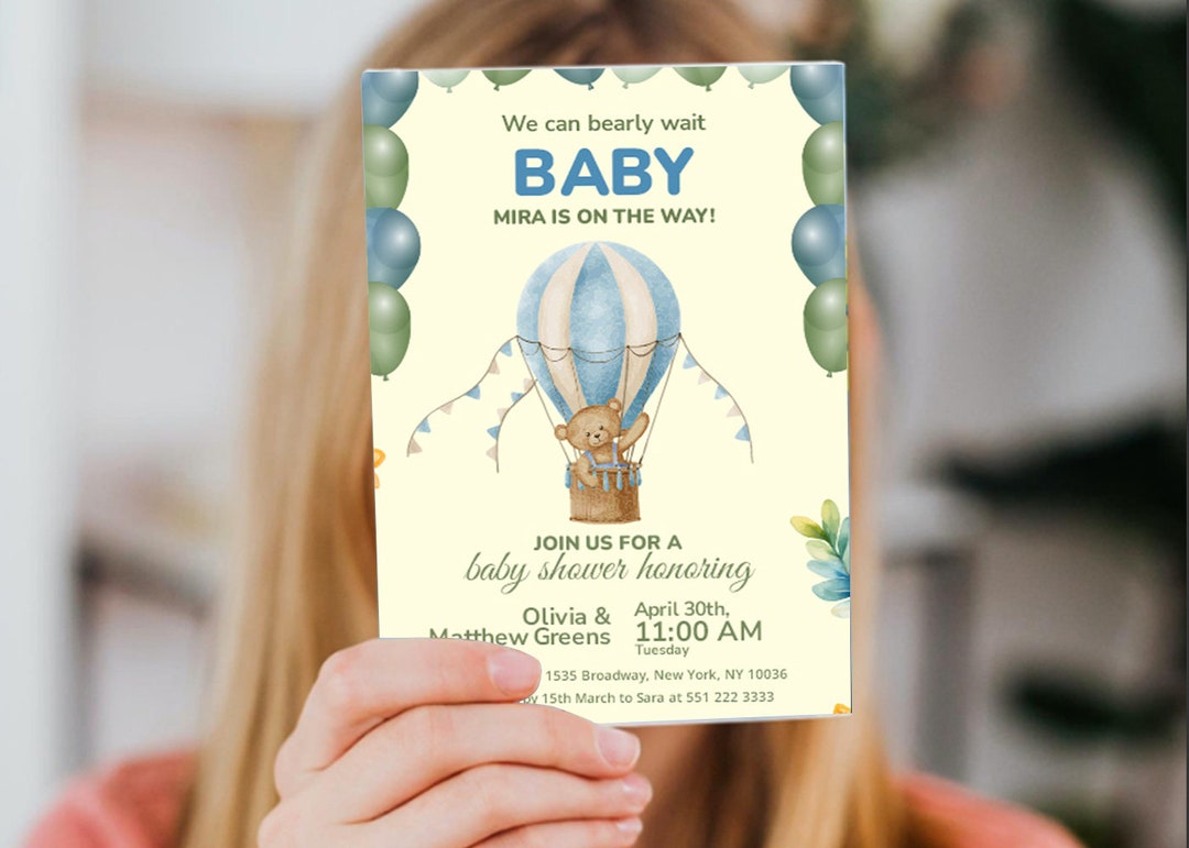 Editable Baby Shower Invite Boy We Can Bearly Wait Hot Air Ballon ...