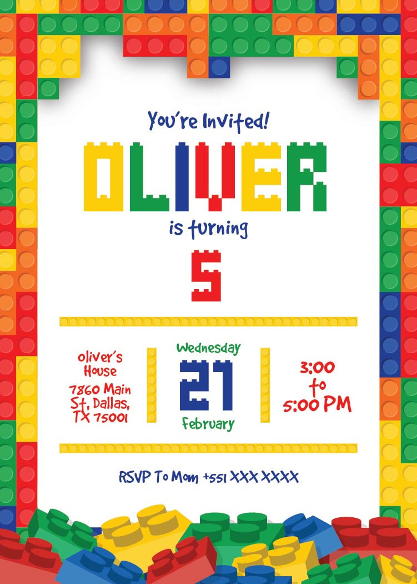 Building Blocks Birthday Invitation Building Bricks Kids Birthday Party ...