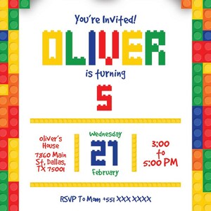 Building Blocks Birthday Invitation Building Bricks Kids Birthday Party ...