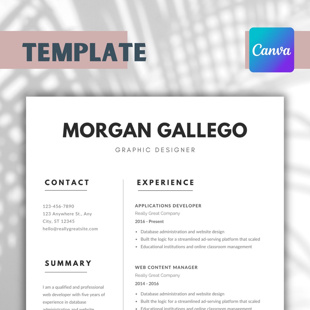 Resume Template, Modern CV Template, CANVA Template, Professional ...