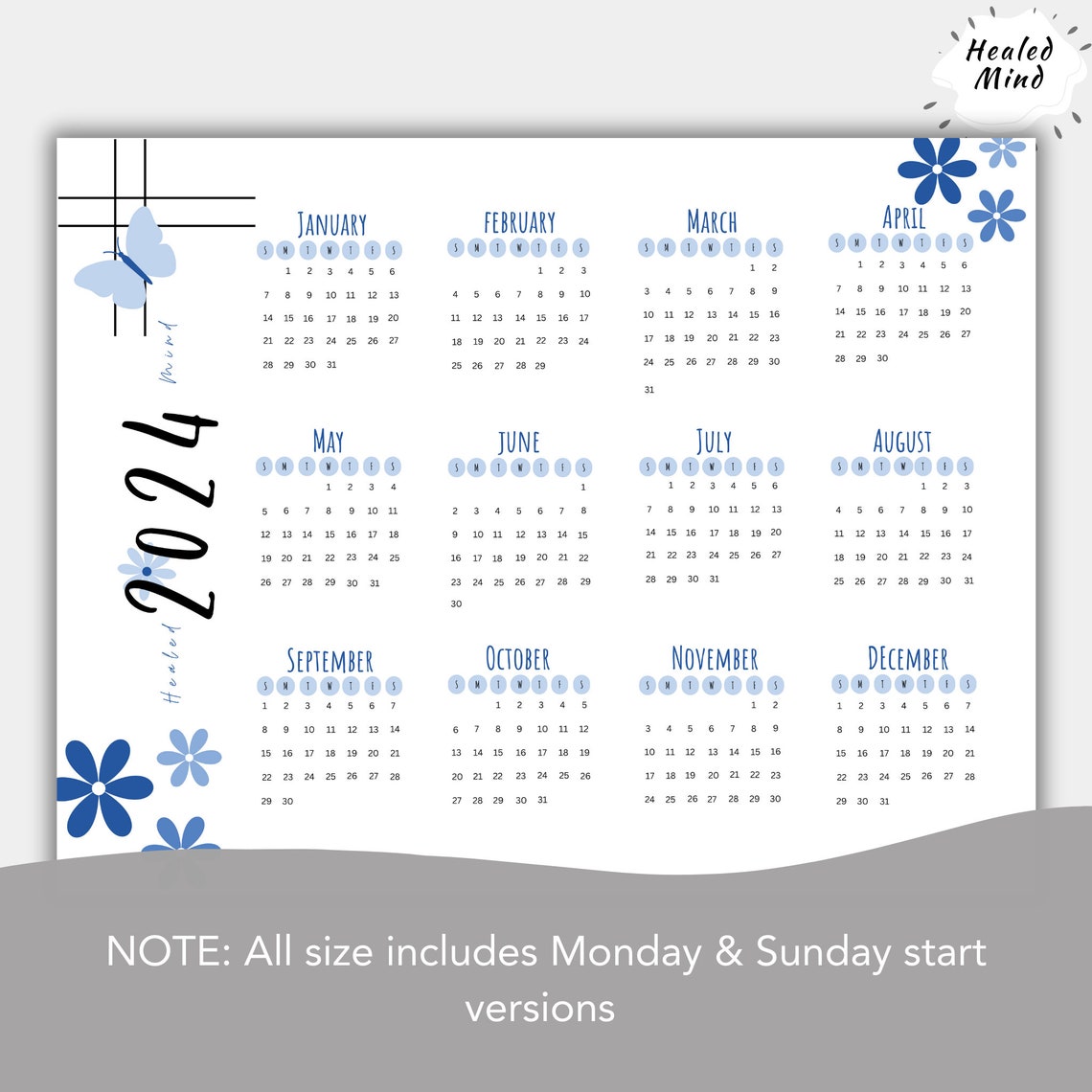 Printable 2024 Calendaraesthetic Calendarwhite Bluepdf - Etsy
