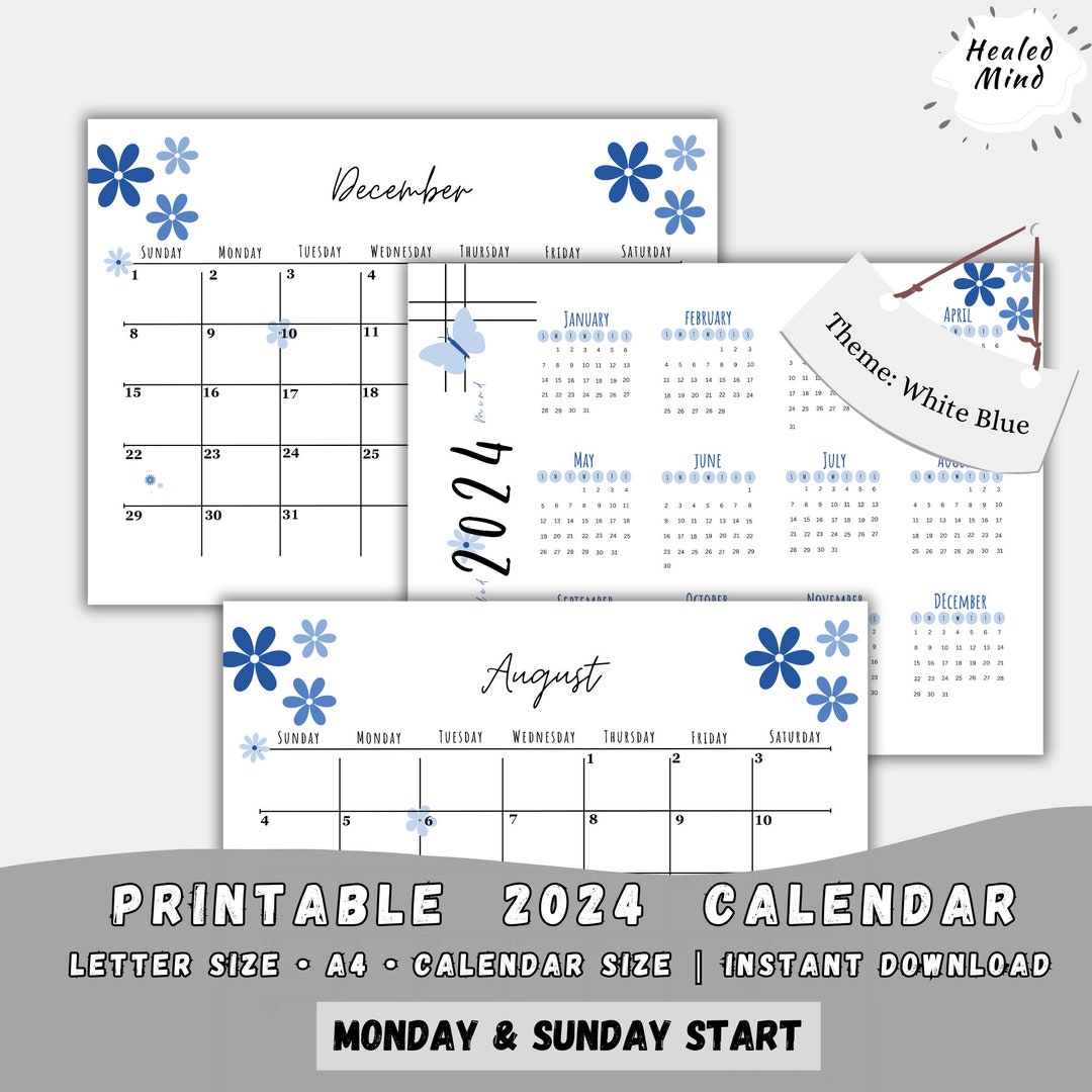 Printable 2024 Calendaraesthetic Calendarwhite Bluepdf - Etsy