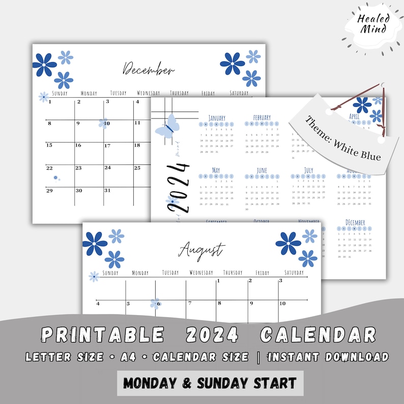 Printable 2024 Calendaraesthetic Calendarwhite Bluepdf - Etsy
