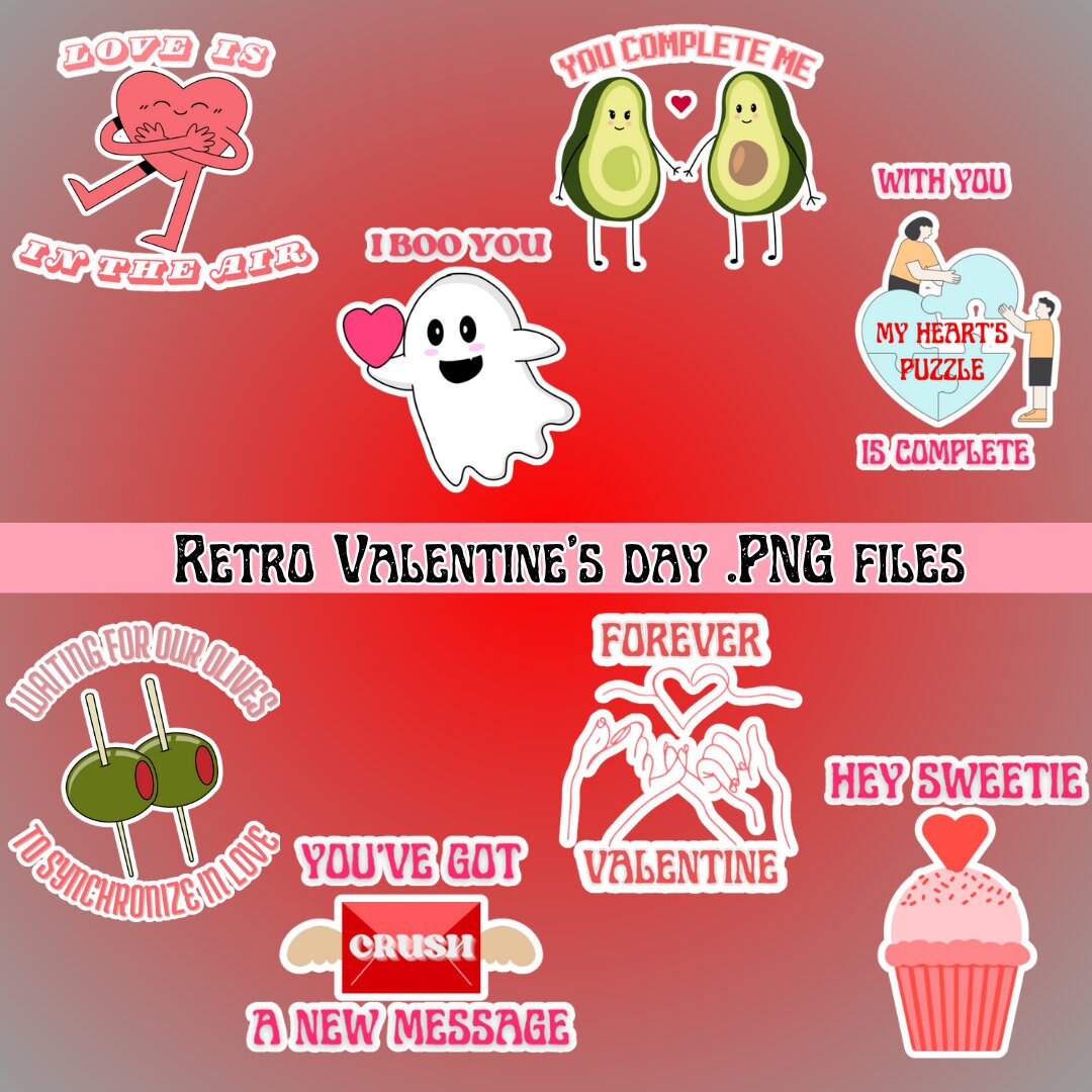 Retro Valentine's Stickers PNG Bundle Printable Valentine's Day ...