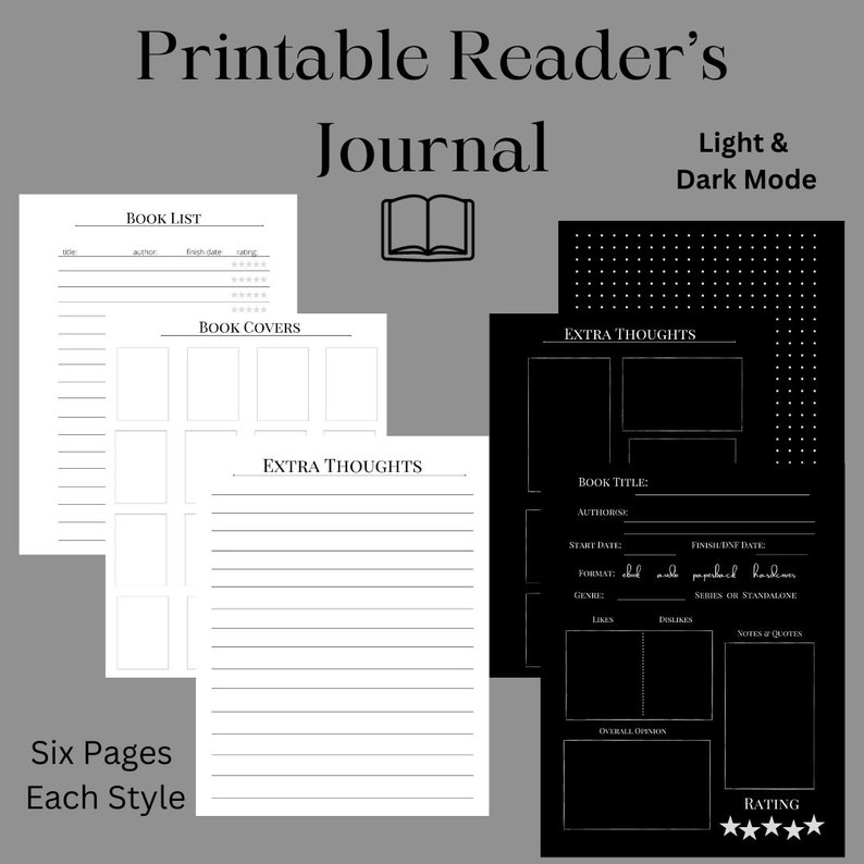 Printable Reading Journal Pages light & Dark Mode - Etsy