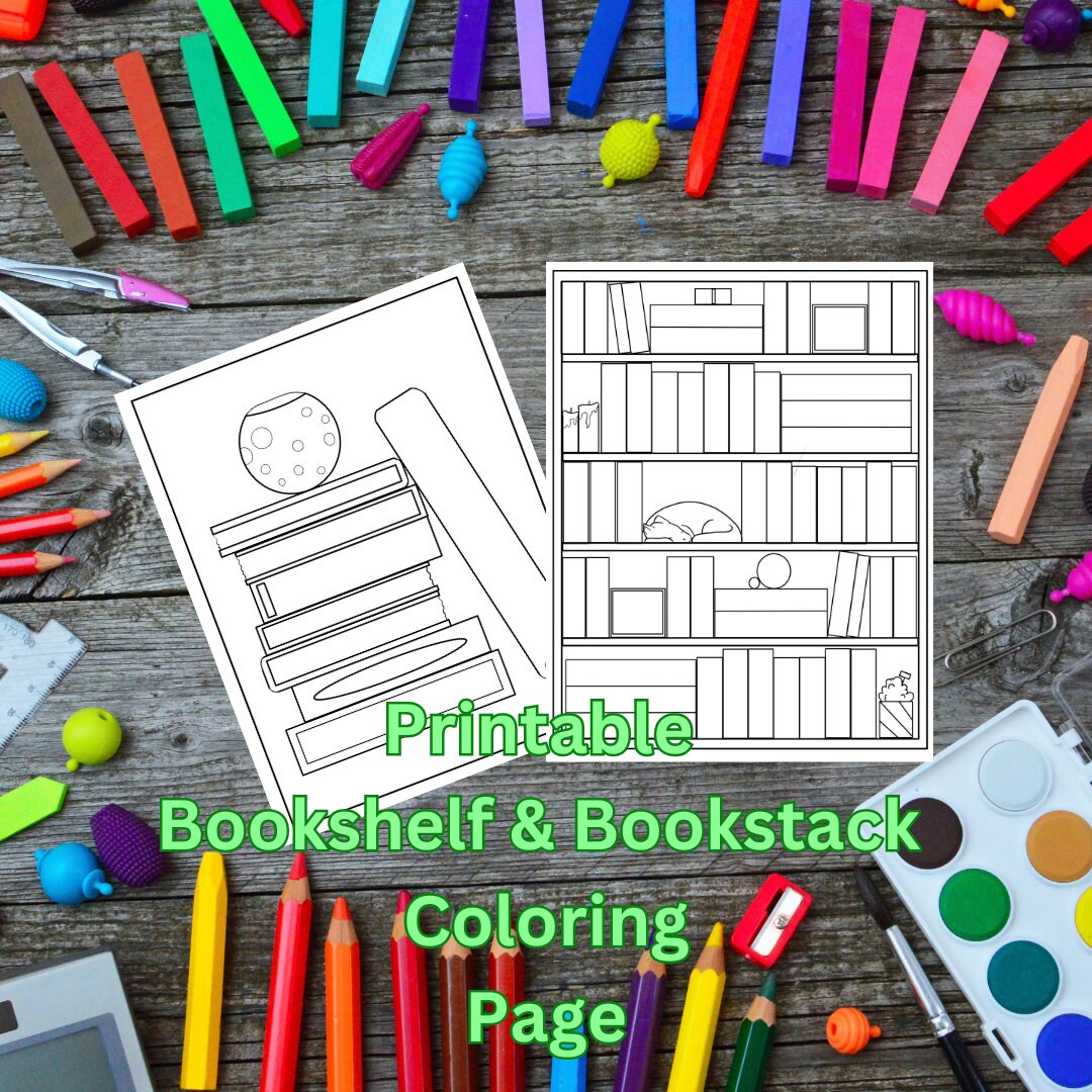 Printable Bookshelf & Bookstack Coloring Pages - Etsy Australia