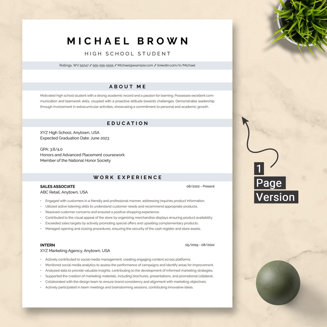 ATS Friendly High School Student Resume Template Word, Google Docs ...