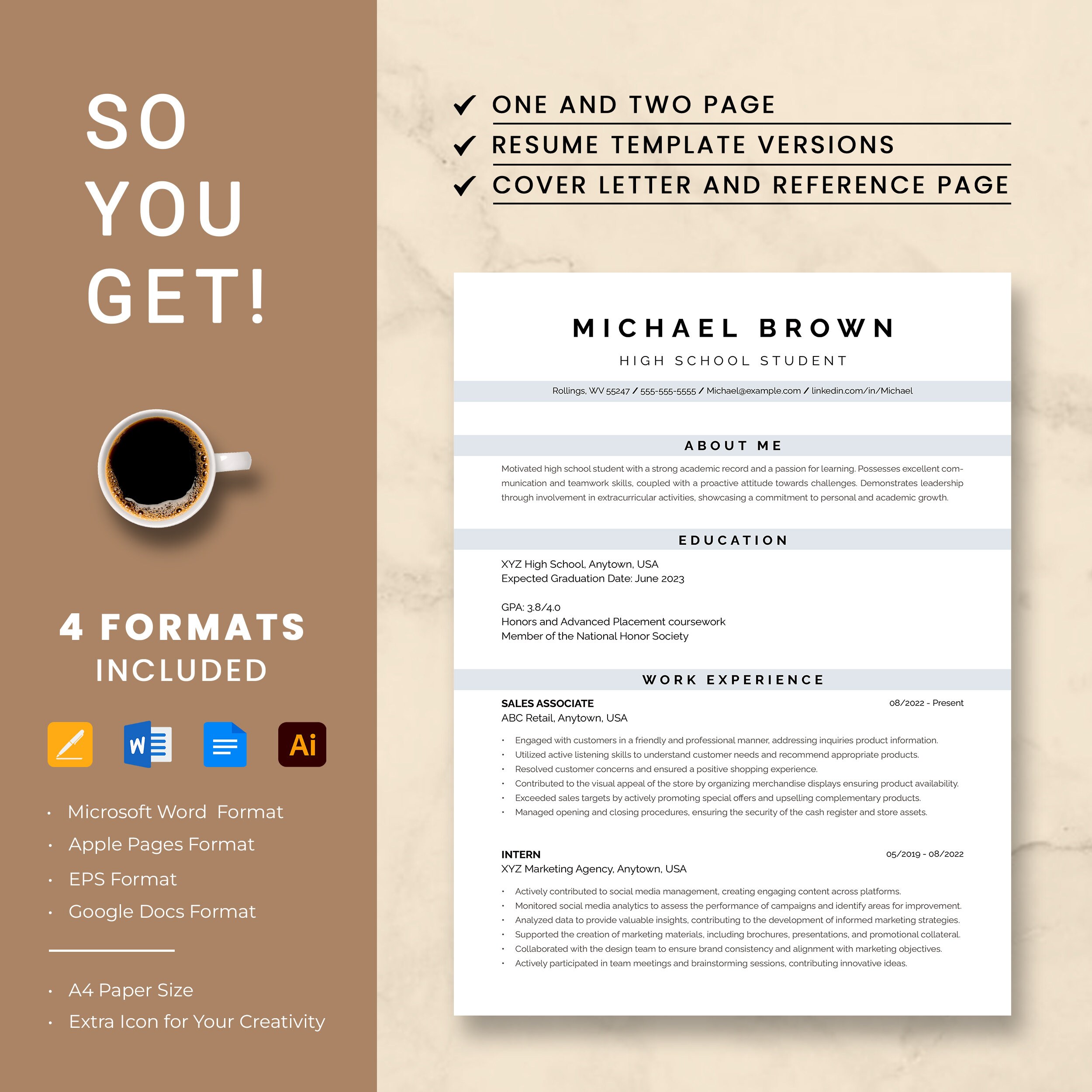 ATS Friendly High School Student Resume Template Word, Google Docs ...