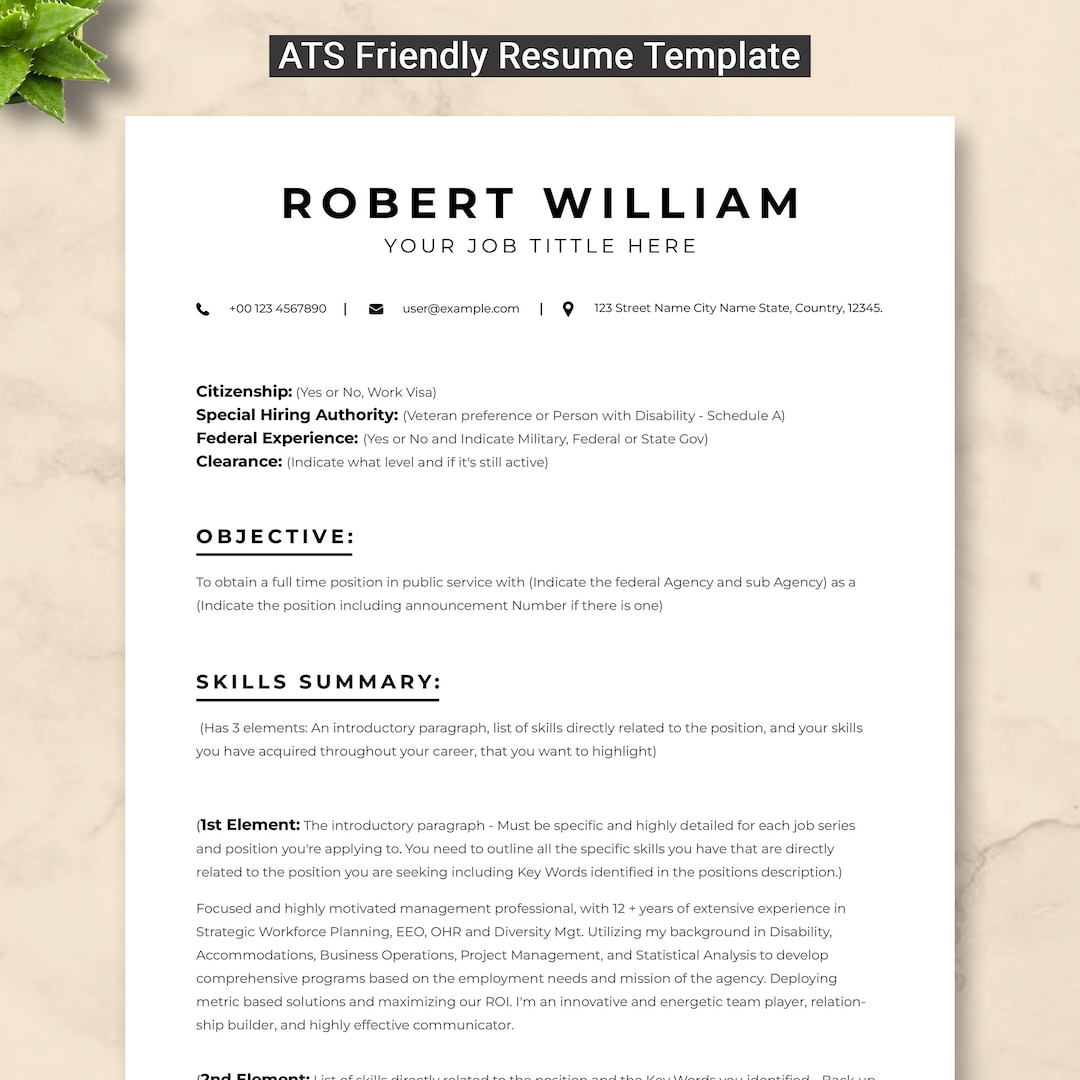 ATS Friendly Resume Template for Usajob, Usajob Resume Template Google ...
