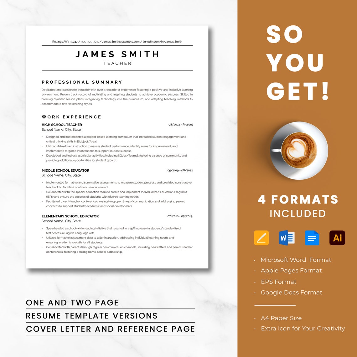 ATS Modern Teacher Resume Template Word, Google Docs Teaching Resume ...