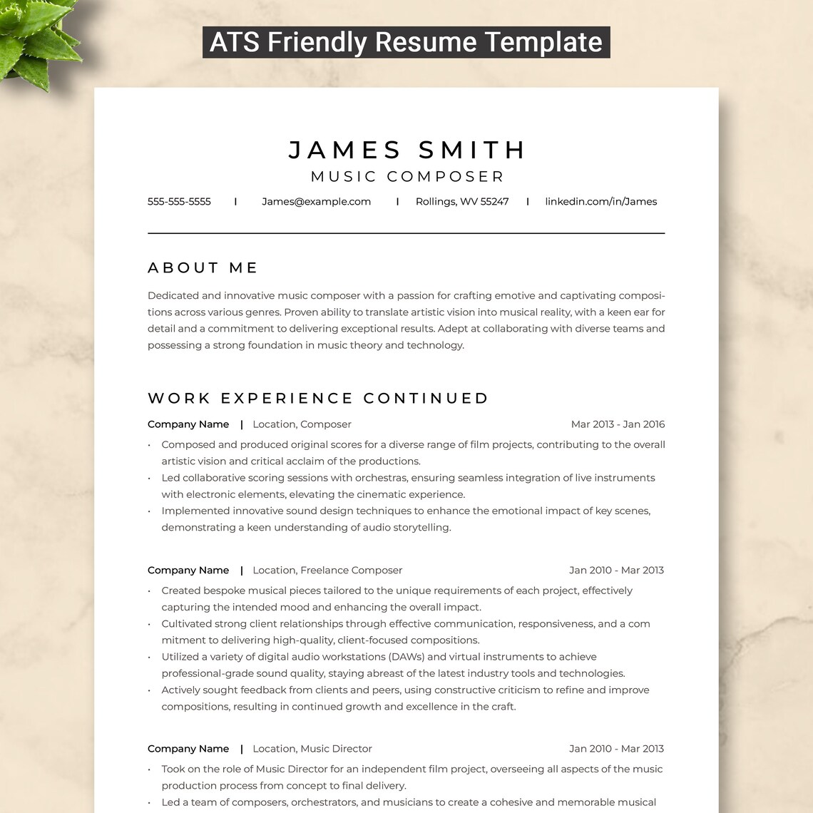 ATS Friendly Music Composer Resume Template | Resume + Cover Letter ...