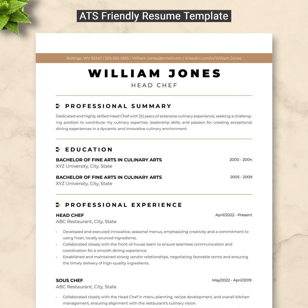 Head Chef Resume Template Word, Google Docs, Mac Pages Editable Resume ...