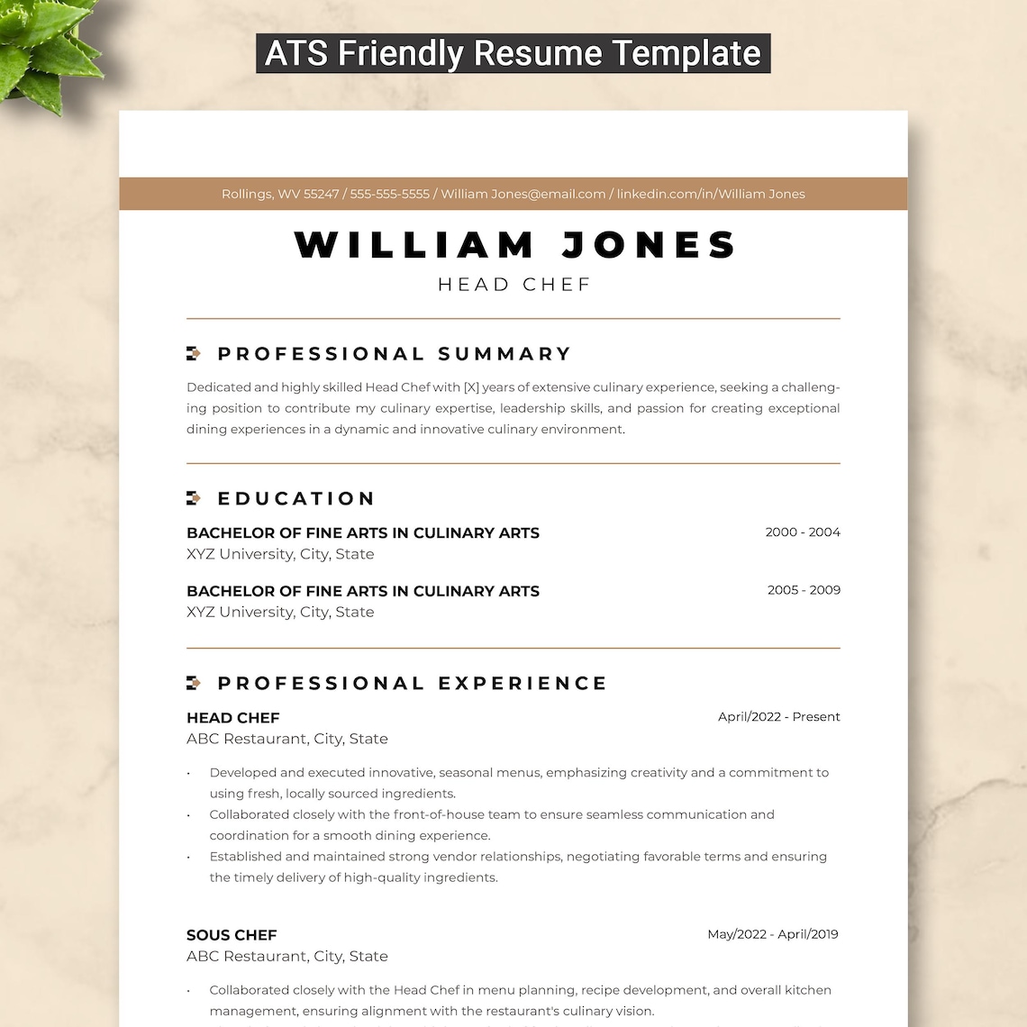 Head Chef Resume Template Word, Google Docs, Mac Pages Editable Resume ...