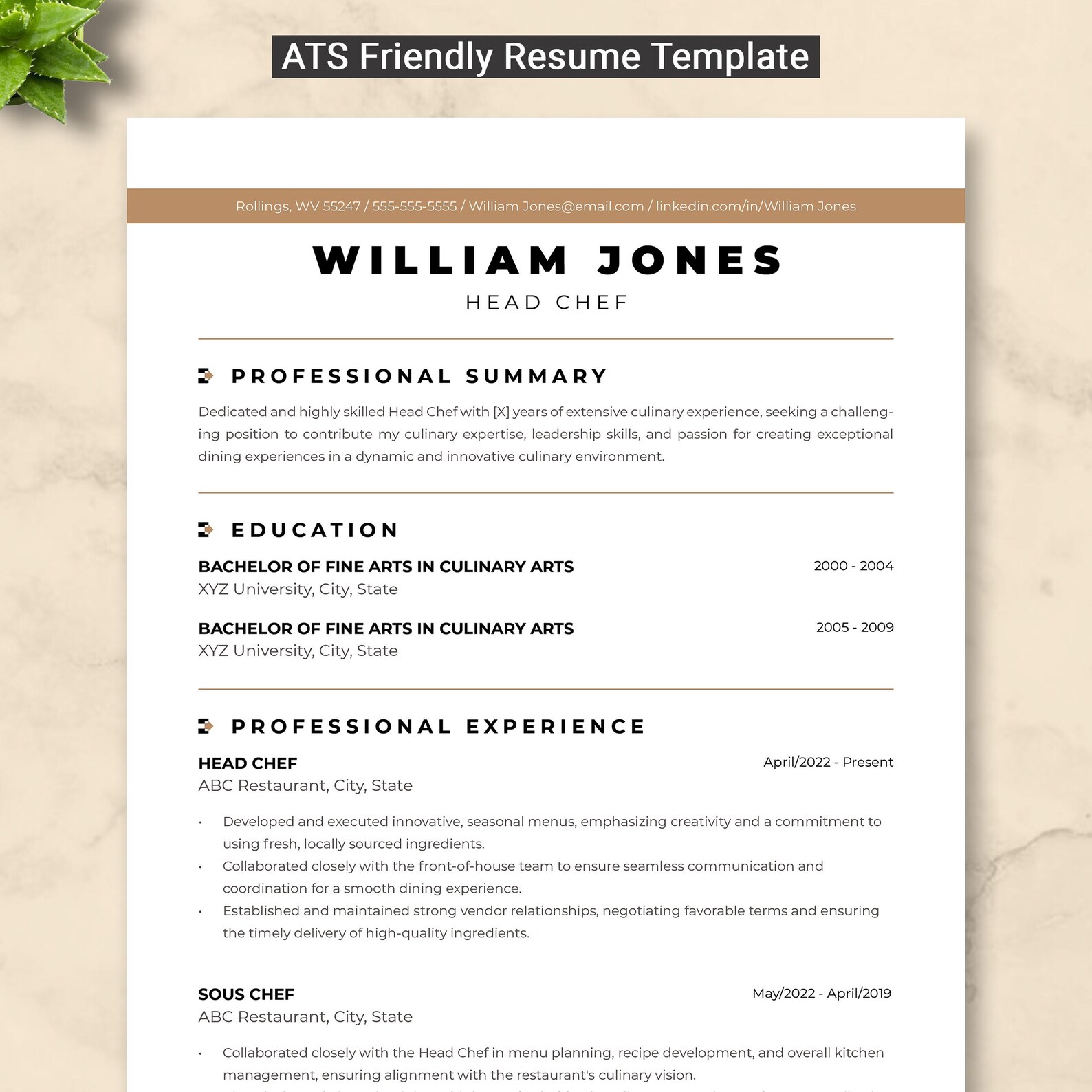 Head Chef Resume Template Word, Google Docs, Mac Pages Editable Resume ...