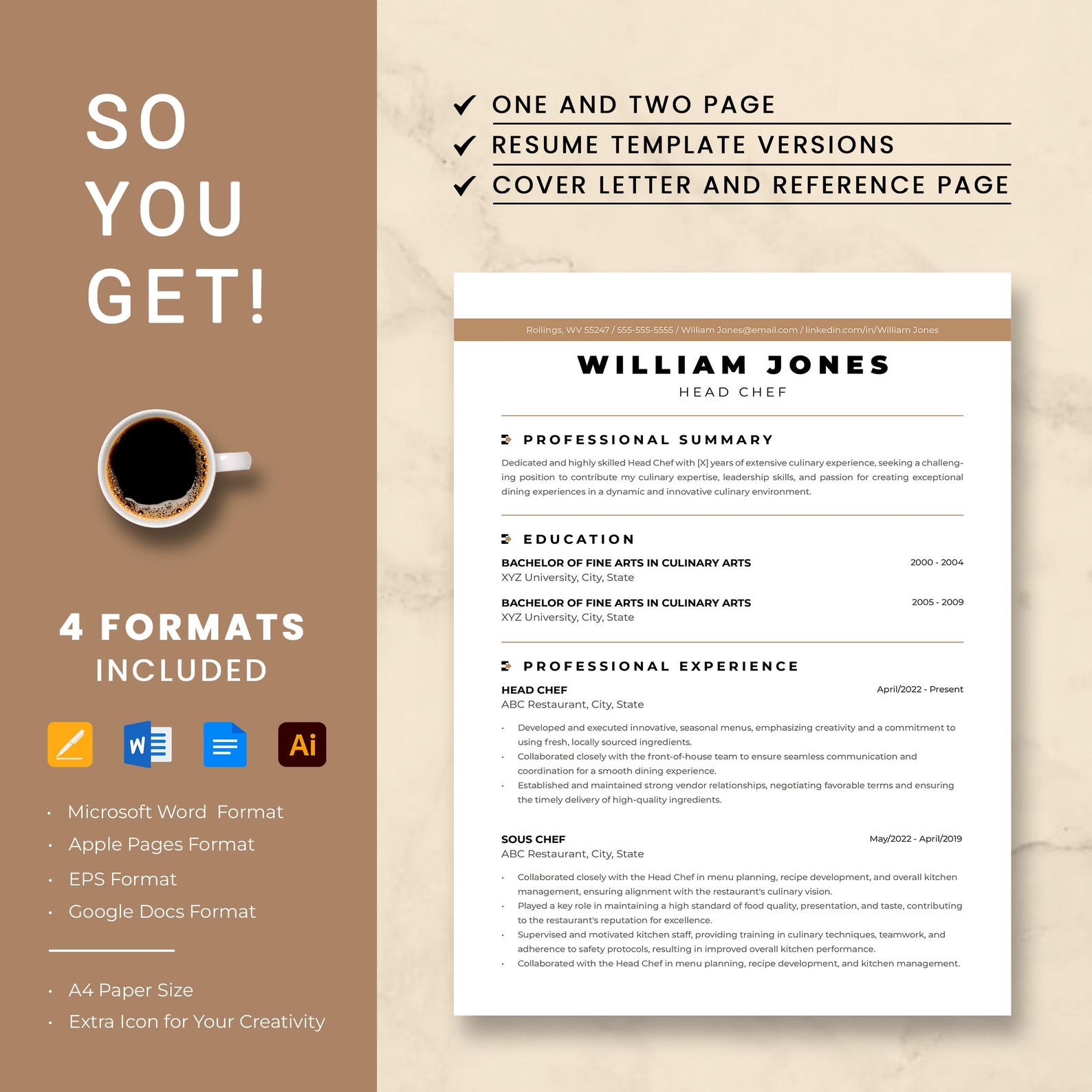 Head Chef Resume Template Word, Google Docs, Mac Pages Editable Resume ...