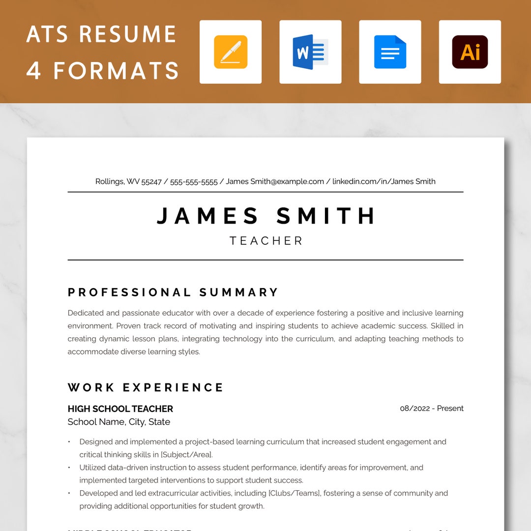 ATS Modern Teacher Resume Template Word, Google Docs | Teaching Resume ...