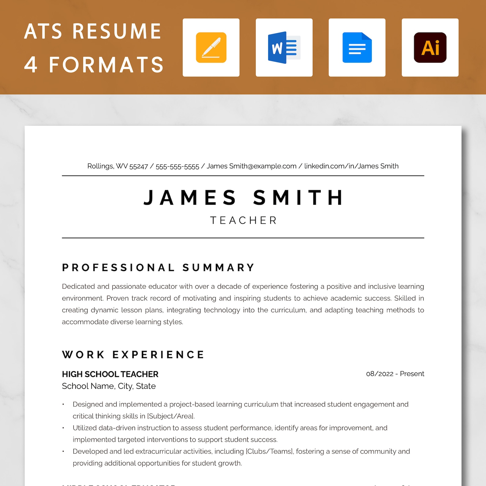 ATS Modern Teacher Resume Template Word, Google Docs | Teaching Resume ...