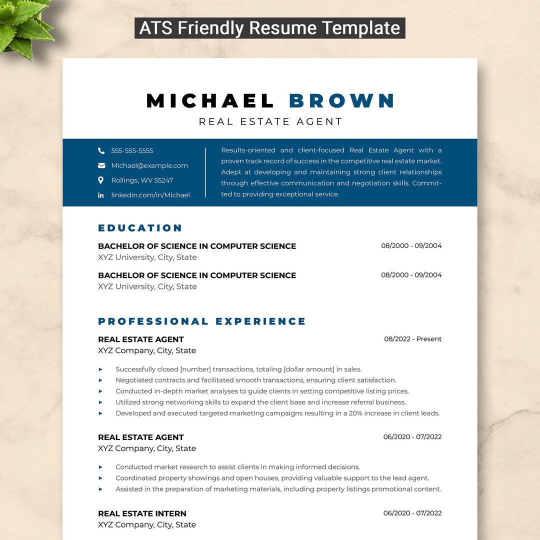 ATS Friendly Real Estate Agent Resume Google Docs | Realtor Marketing ...