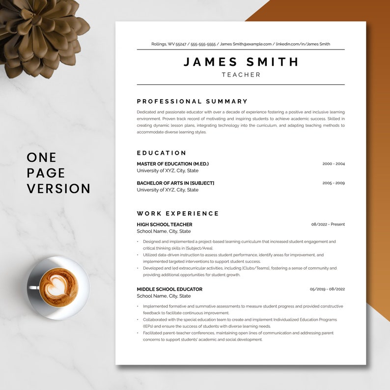 ATS Modern Teacher Resume Template Word, Google Docs | Teaching Resume ...