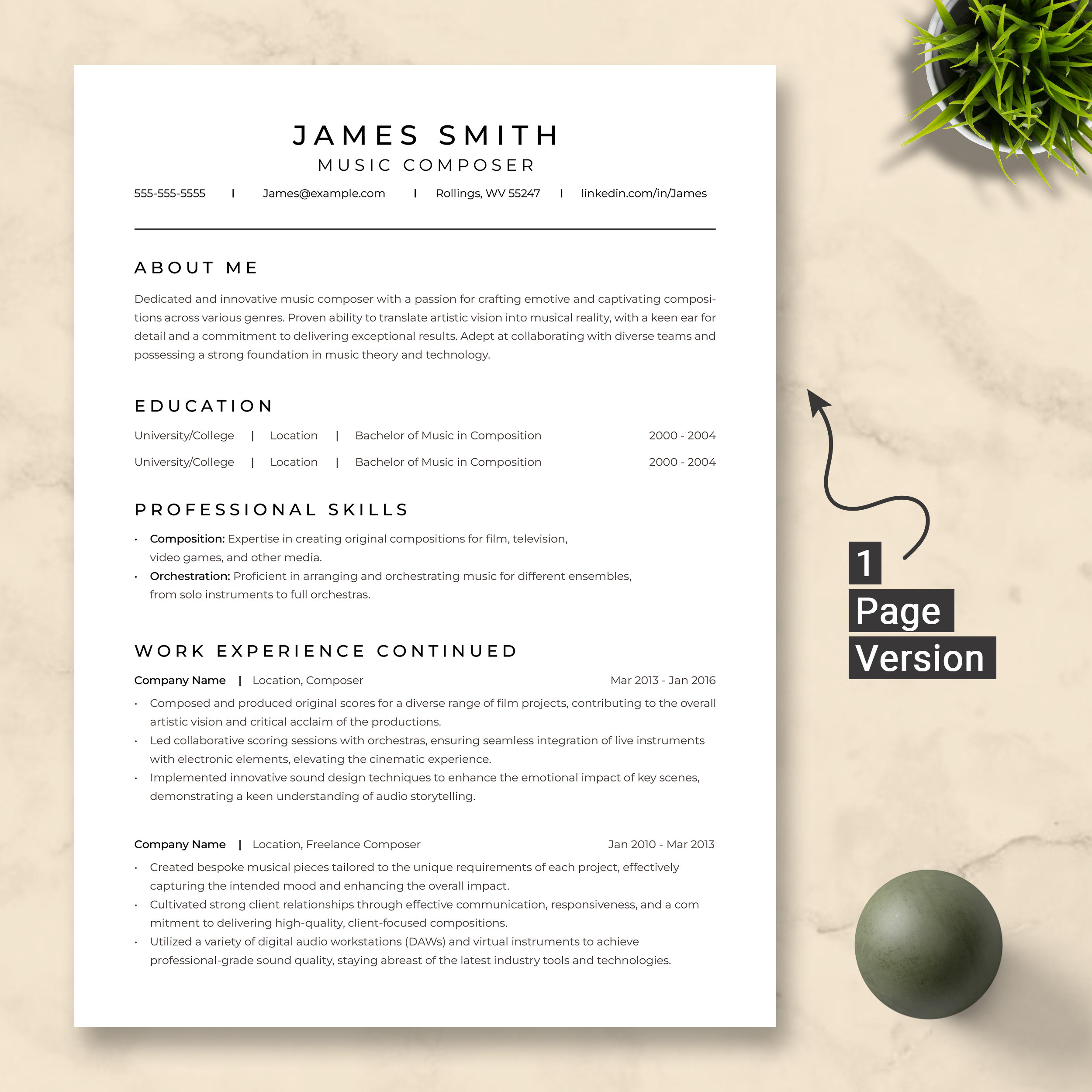 ATS Friendly Music Composer Resume Template | Resume + Cover Letter ...