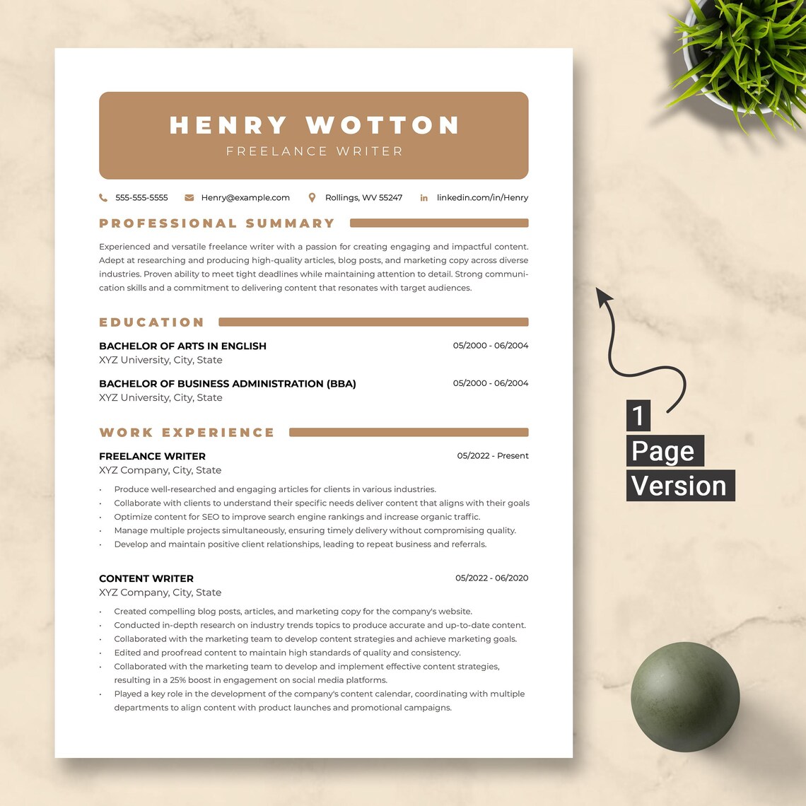 ATS Friendly Freelance Writer Resume Template With Cover Later | Copy ...