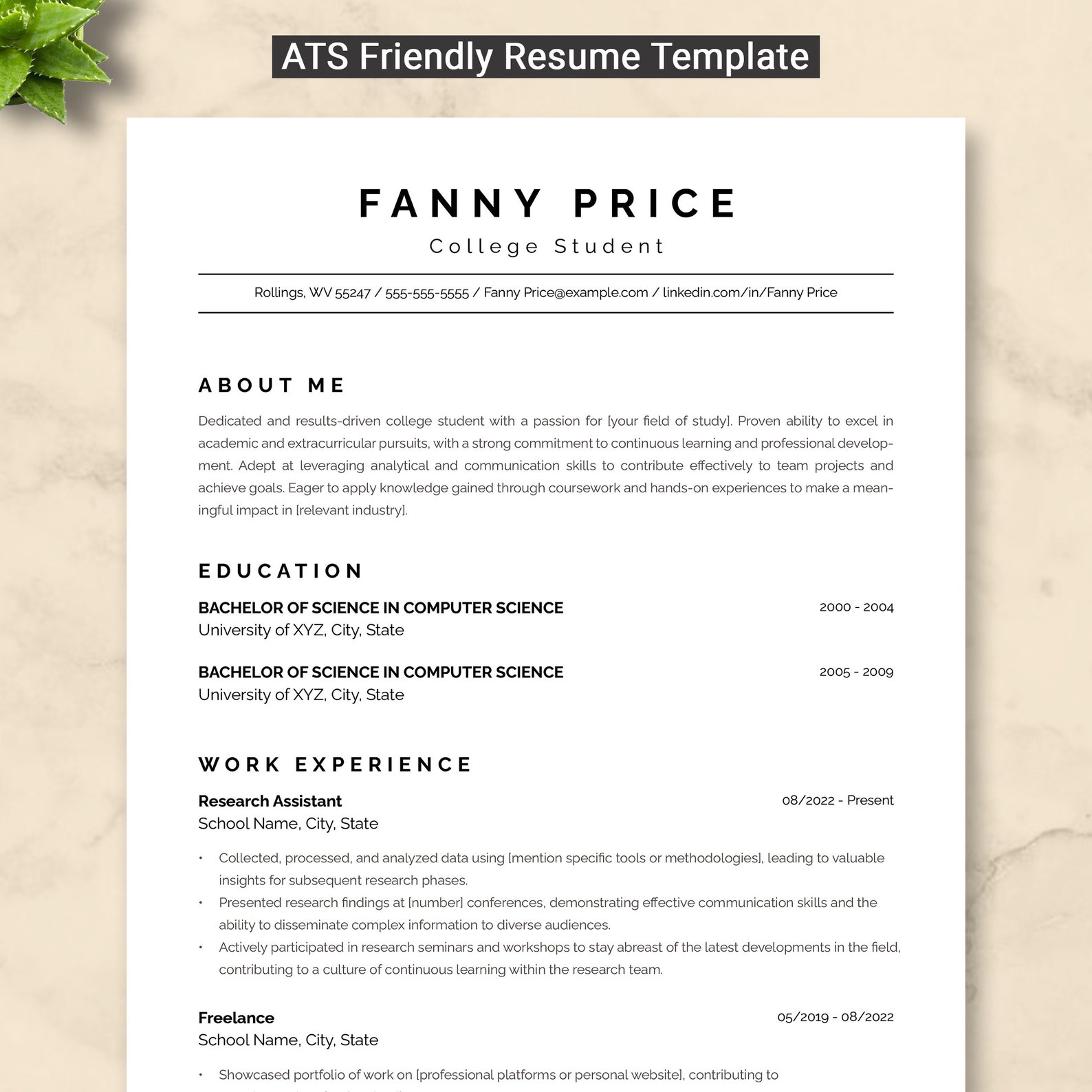 ATS Compliant College Student Resume Template Microsoft Word & Google ...