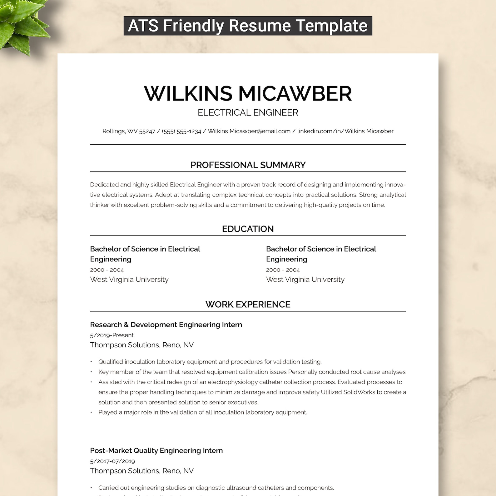 ATS Friendly Electrical Engineer Resume Template Google Docs ...