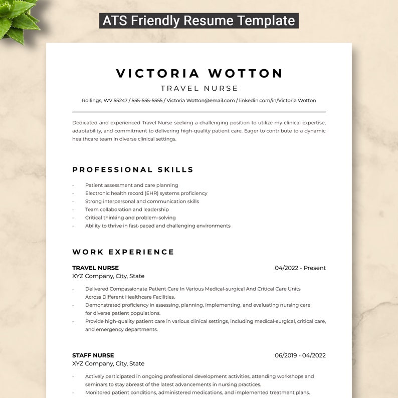 ATS Travel Nurse Resume Template Word, Google Docs, Pages | New Grad ...
