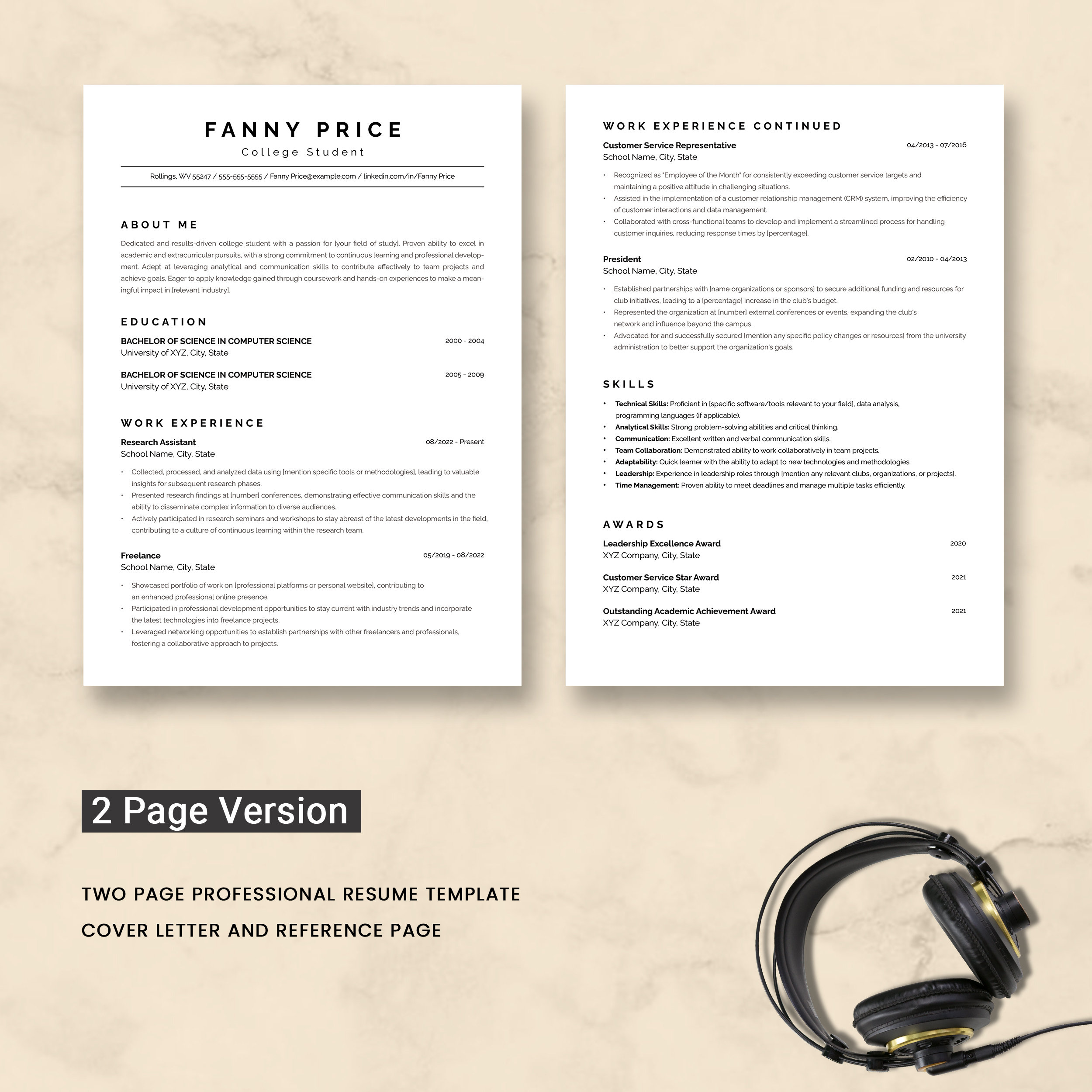 ATS Compliant College Student Resume Template Microsoft Word & Google ...