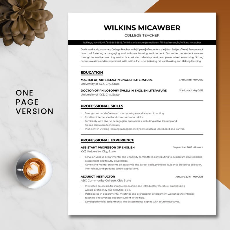 ATS Friendly College Teacher Resume Template Word, Google Docs & Mac ...